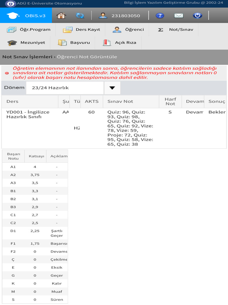 OBiS.v3 Öğrenci Not Görüntüle 2 | PDF