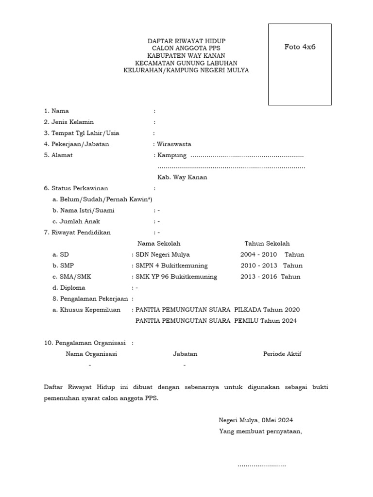 Daftar Riwayat Hidup PPS 1 | PDF