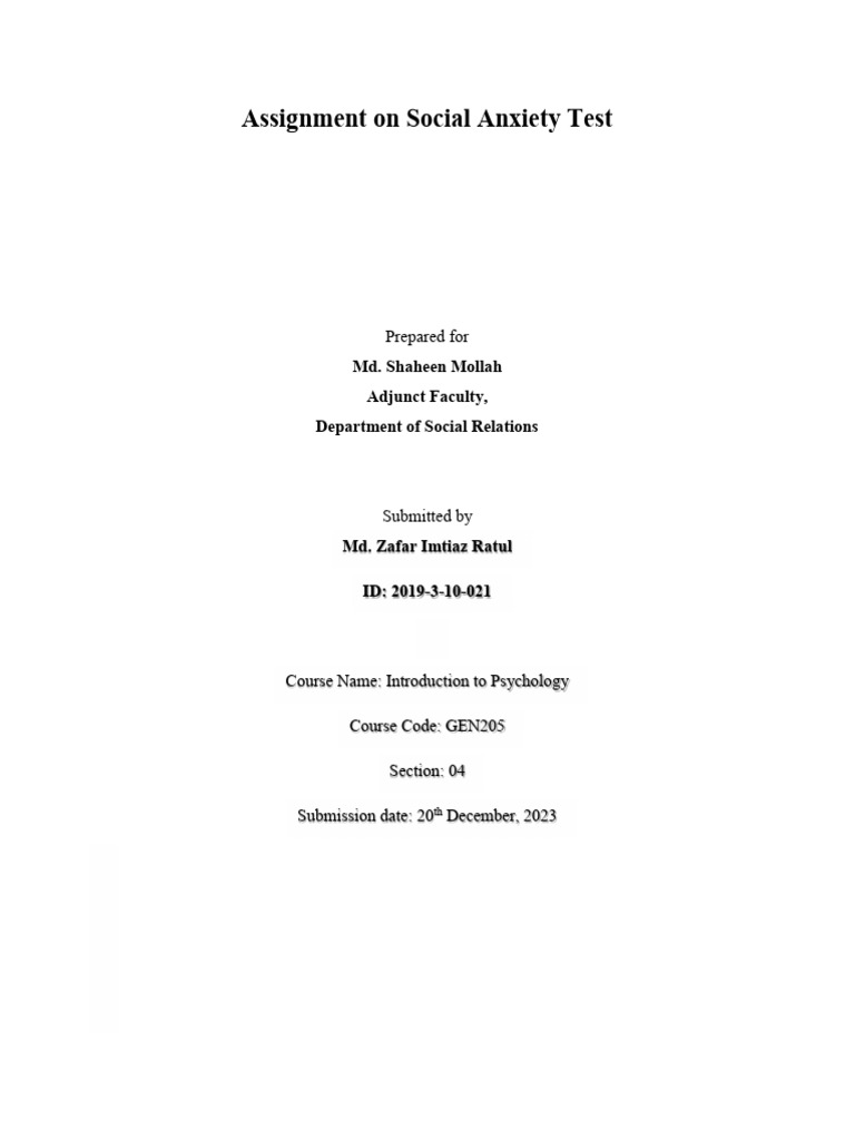 Social Anxiety Test Assignment | PDF | Anxiety | Social Anxiety Disorder
