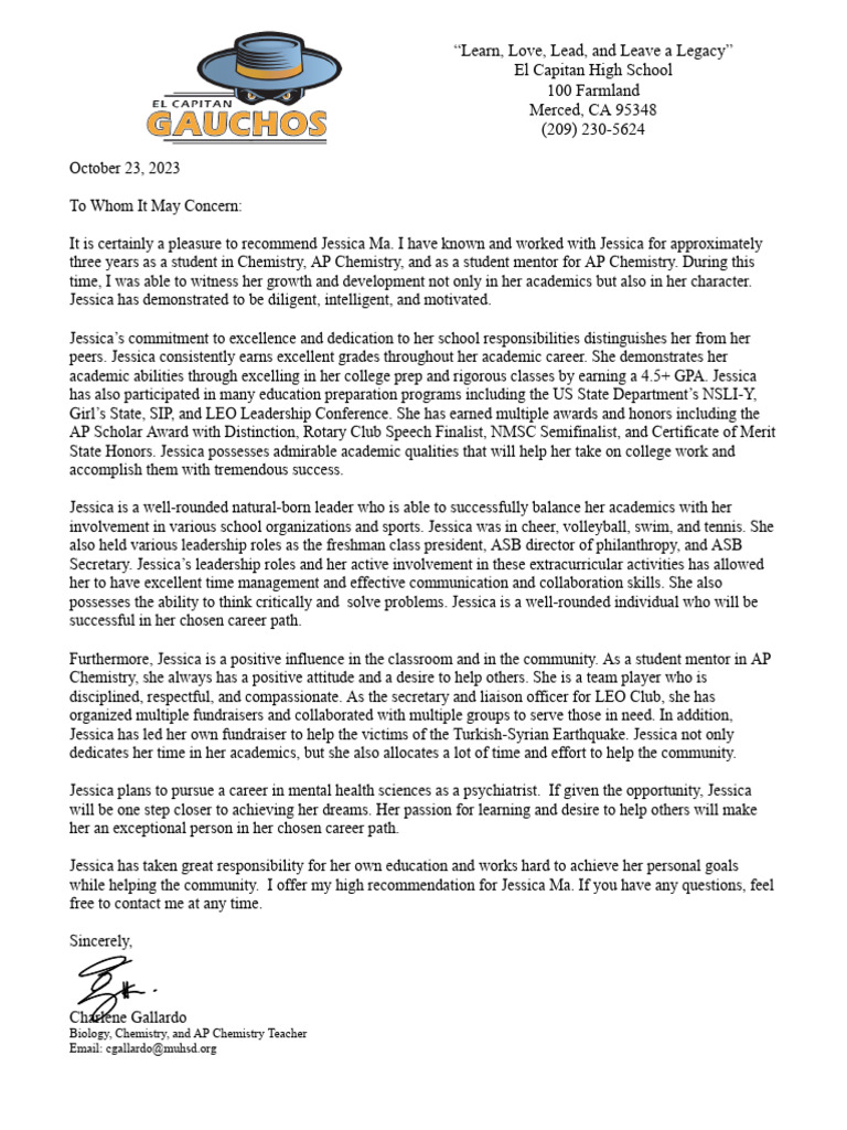 Jessica Ma - Letter of Rec - Signed | Download Free PDF | Learning | Behavior Modification