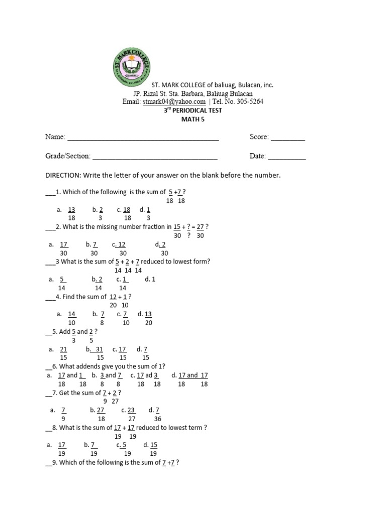 3RD Periodical Test Math 5 | PDF | Mathematics | Arithmetic