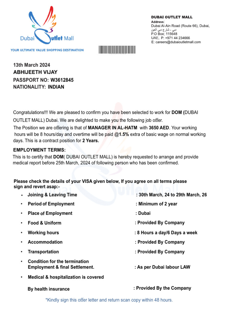 MR Abhijeeth Vijay Offer Letter Dom | PDF | Labour Law | Employment