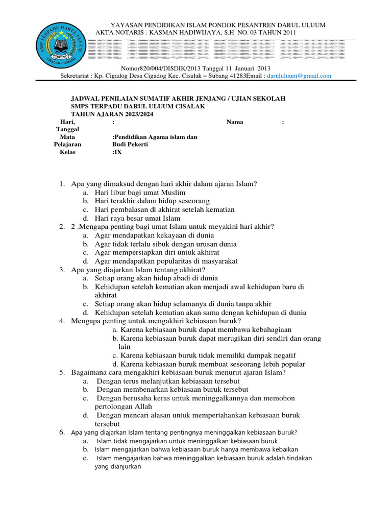 Lembar Soal Uas PKN Kelas 9 | PDF | Karier & Perkembangan