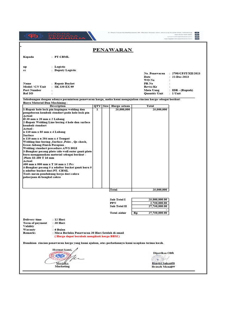 Penawaran Perbaikan Bucket SK 330 EX 99 | PDF