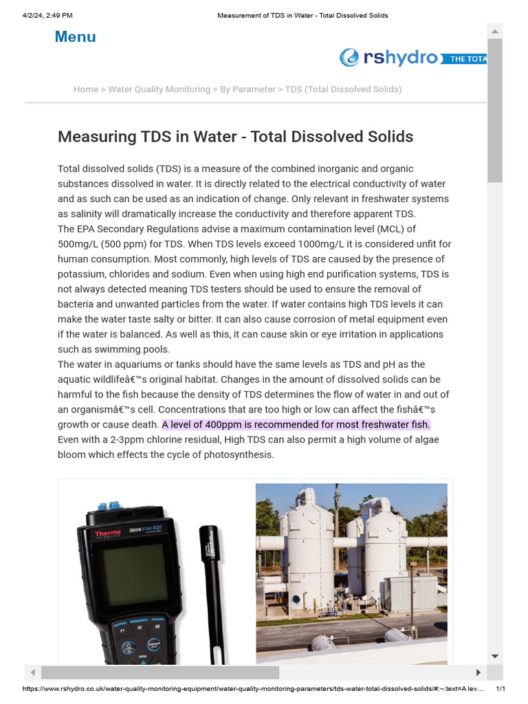 Measurement of TDS in Water - Total Dissolved Solids | PDF