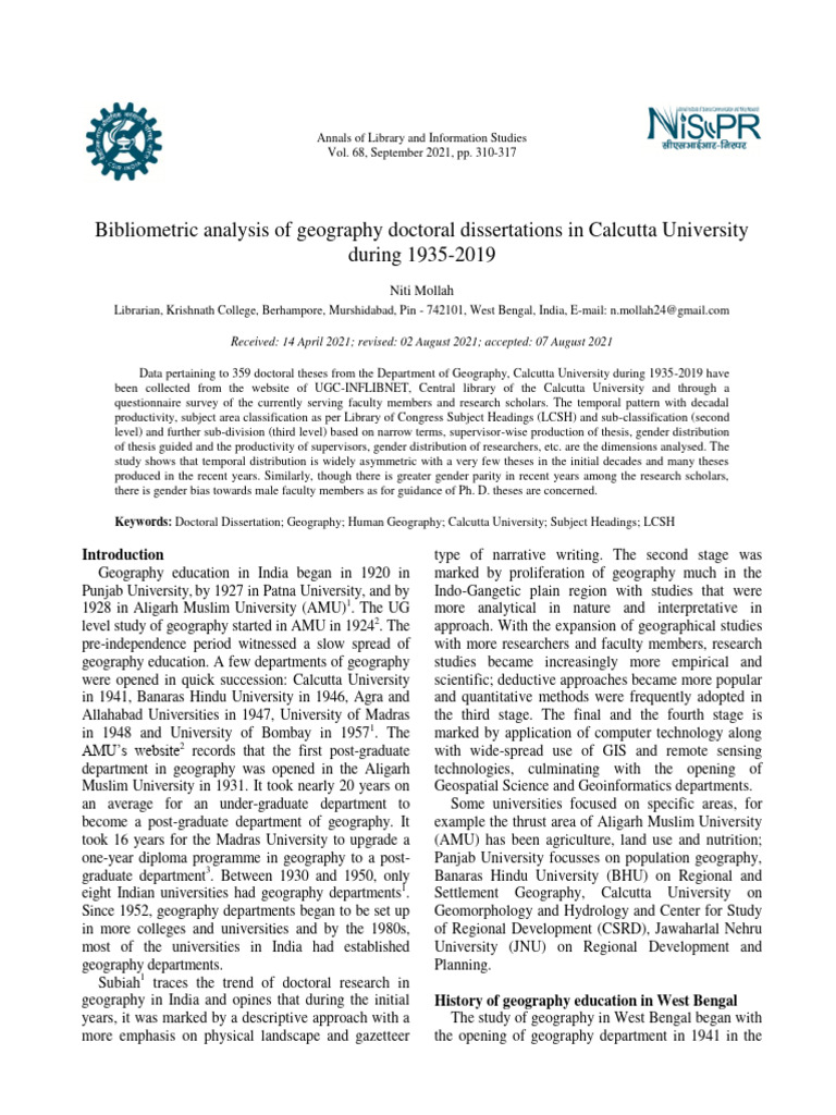 Geography PhD Trends at Calcutta Univ | PDF | Thesis | Geography
