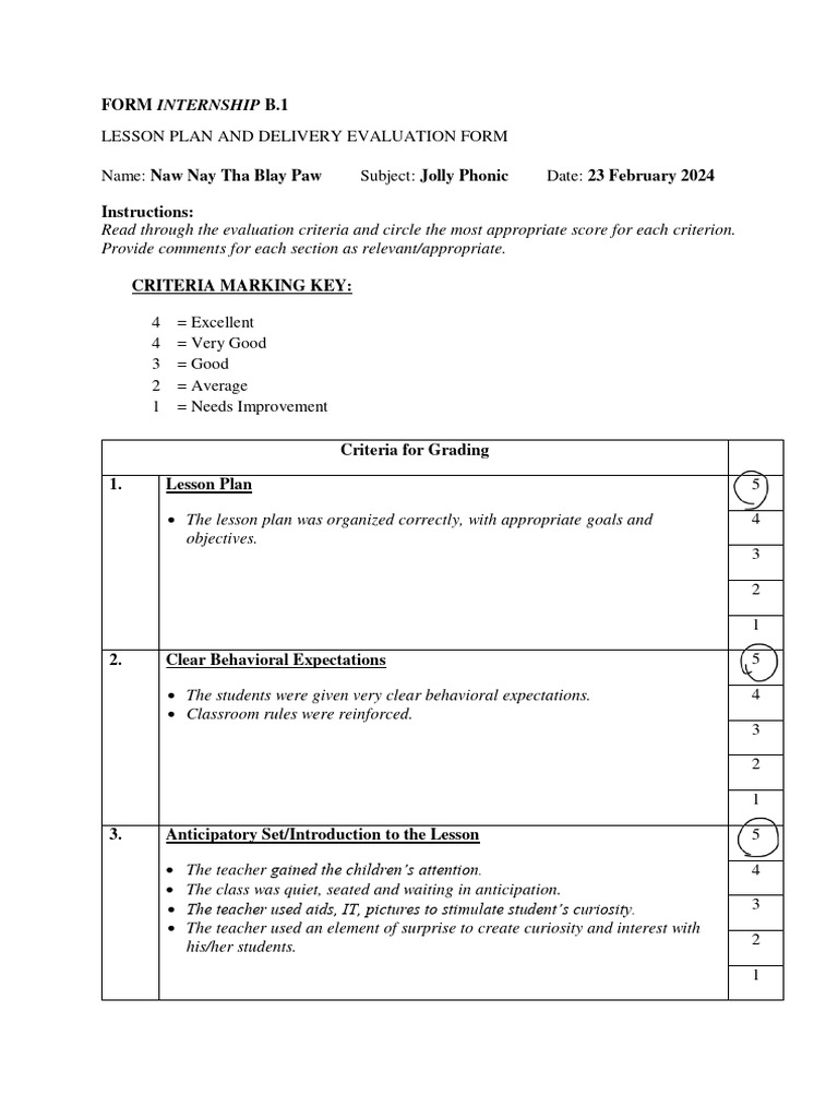 Form Internship B.1 | PDF | Teachers | Classroom Management