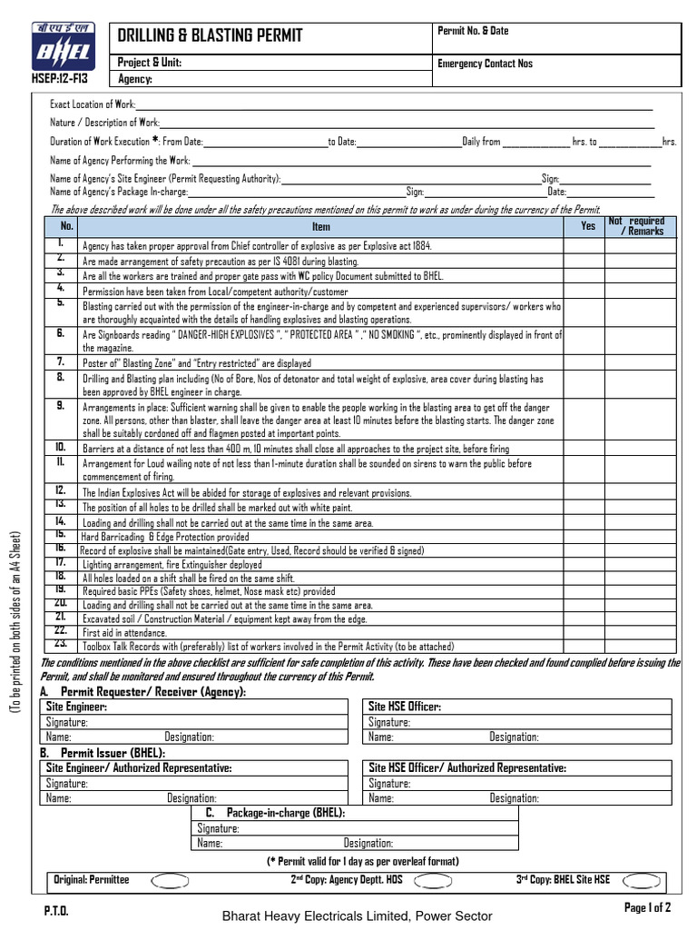 HSEP12F13 - Drilling & Blasting Permit | PDF | Safety