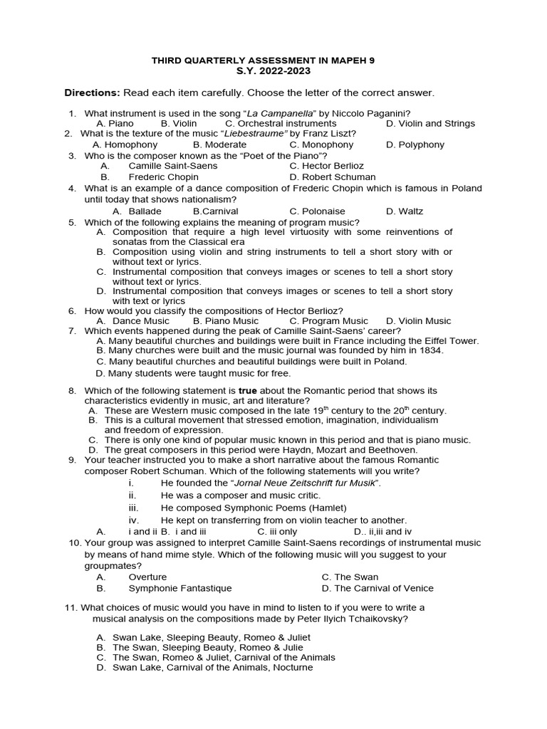 Mapeh 9 3RD Qe 2022 2023 | PDF | Romanticism | First Aid