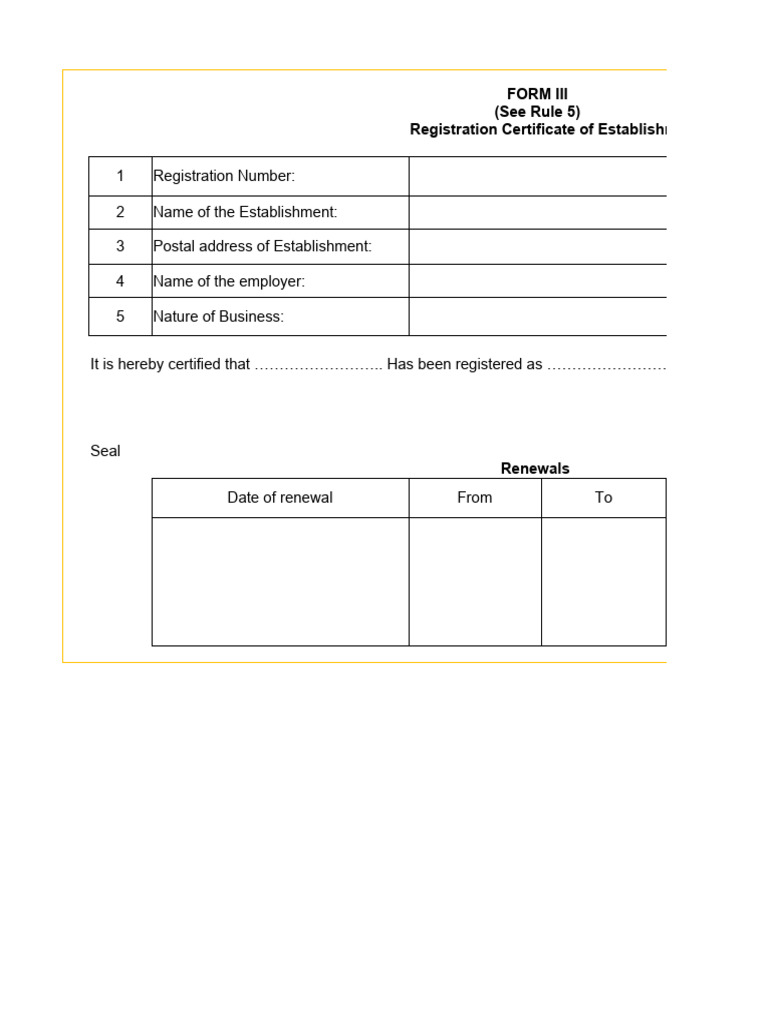 Form III - Registration Certificate of Establishment | PDF
