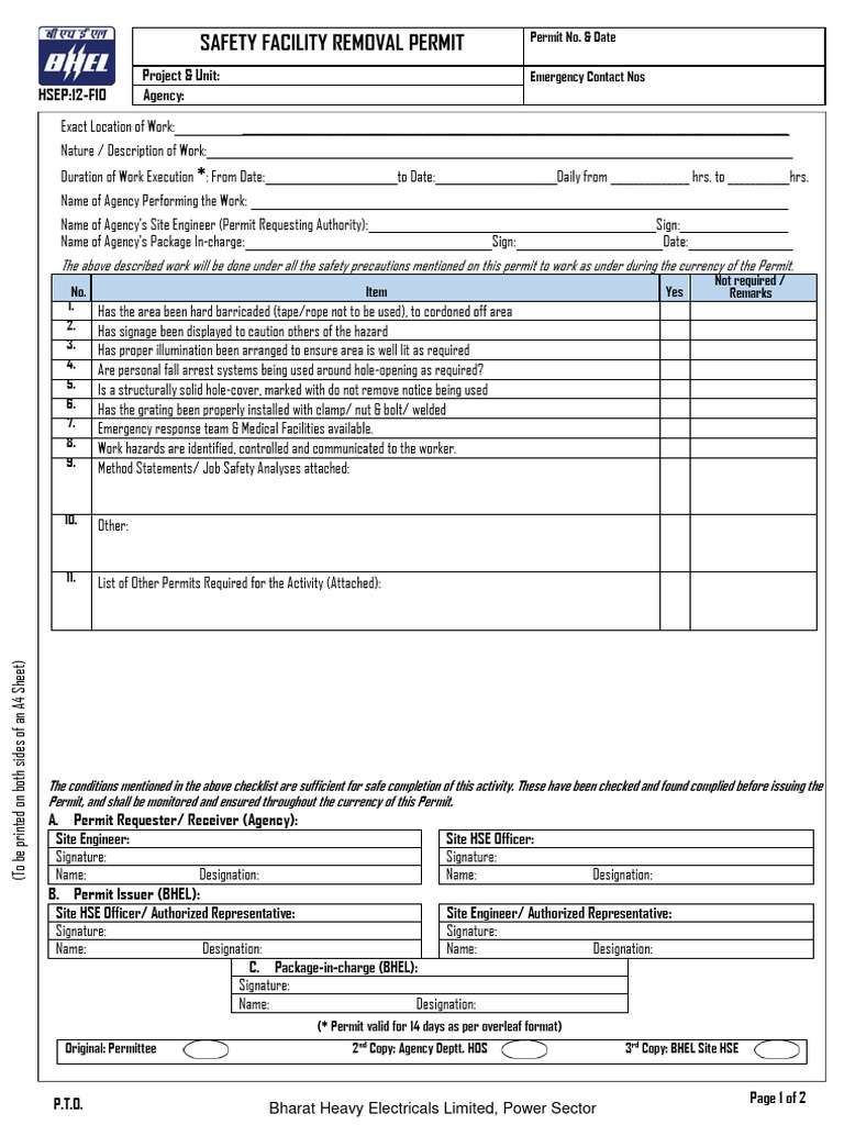 HSEP12F10 - Grating Safety Net Safety Facility Removal Permit | PDF ...