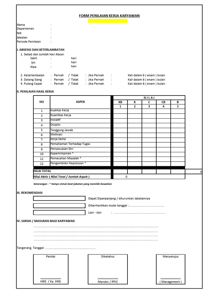 Form Penilaian Karyawan | PDF