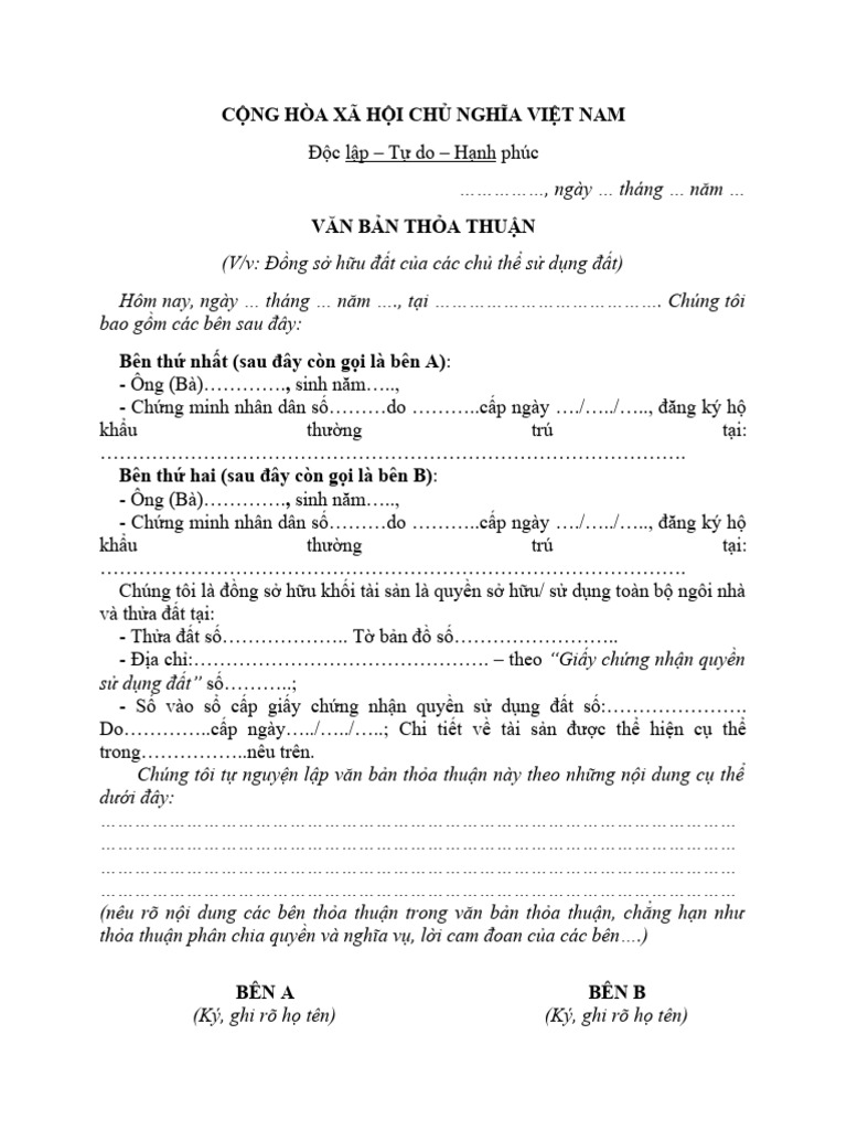 Mau Van Ban Thoa Thuan Dong So Huu Dat | PDF