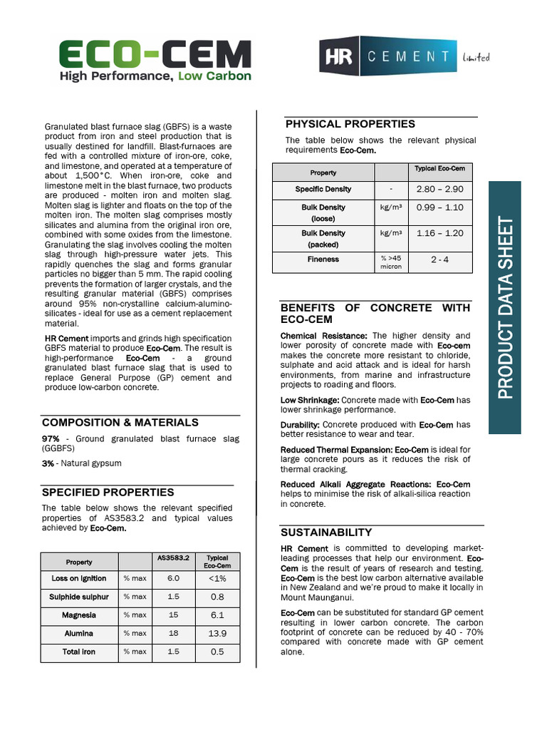 Product Data Sheet - EcoCem - v1.0 | PDF | Concrete | Cement