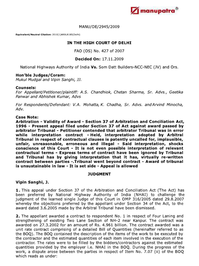 Para 43 - NHAI V Som Dutt Builders (Del HC - 2009) | PDF | Prices ...