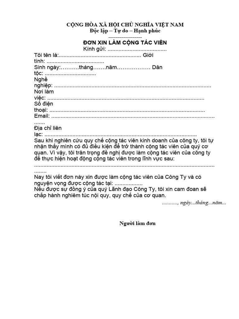 Mau Don Xin Lam Cong Tac Vien Duoc Su Dung Pho Bien | PDF