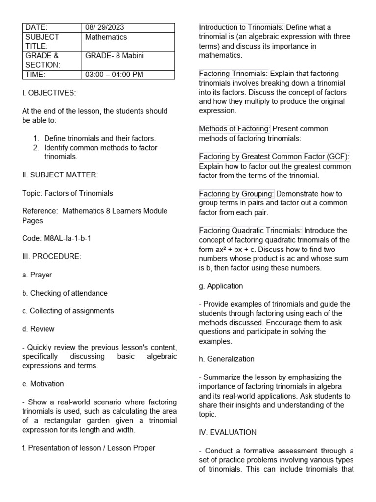 Lesson Plan in G8 Math 2023-2024 | PDF | Factorization | Mathematics