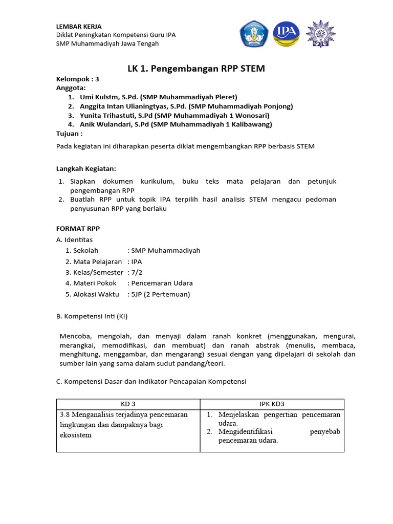 LK 1 - Pengembangan RPP STEM | PDF