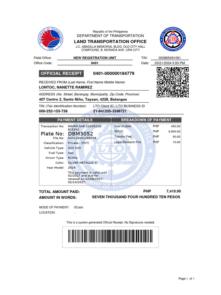 Plate No: DBM3052: Official Receipt | PDF | Finance & Money Management