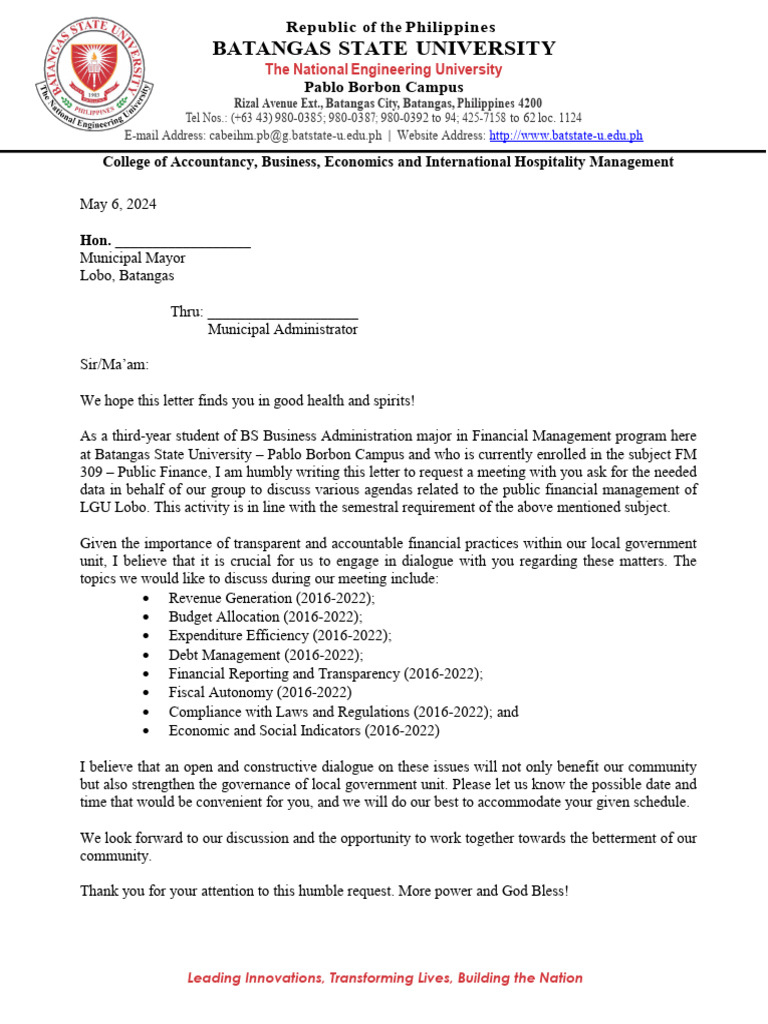 BatStateU - Request Letter To The LGU For Public Finance BSBA FM 3203 ...
