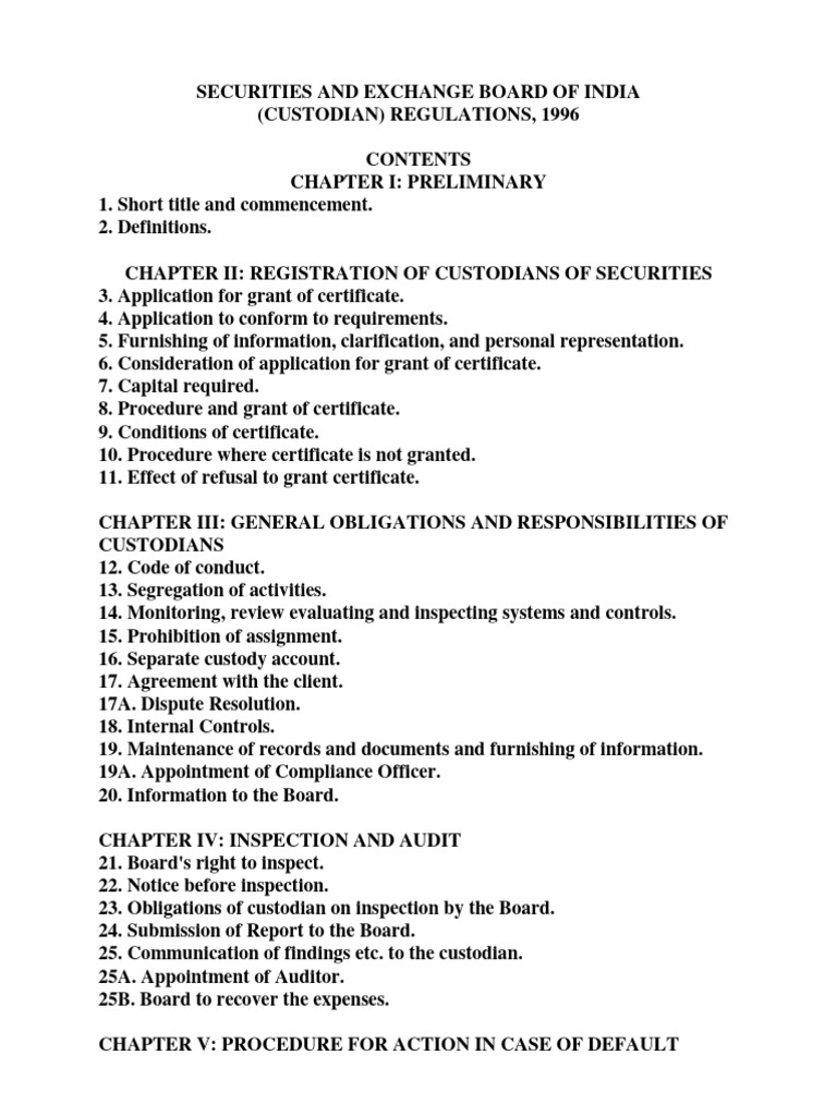 SEBI Custodian Regulations Overview | PDF | Securities (Finance ...