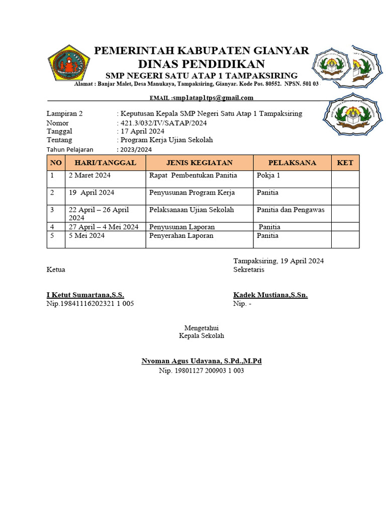 Program Kerja Ujian Sekolah | PDF