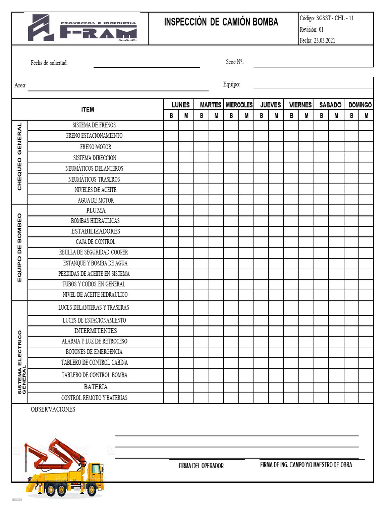 Check List Camión Bomba | Descargar gratis PDF | Camión | Vehículo de motor