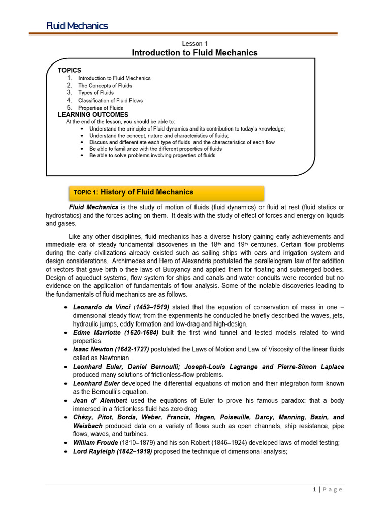 Lesson 1 Fluid Mechanics | PDF | Fluid Dynamics | Fluid Mechanics