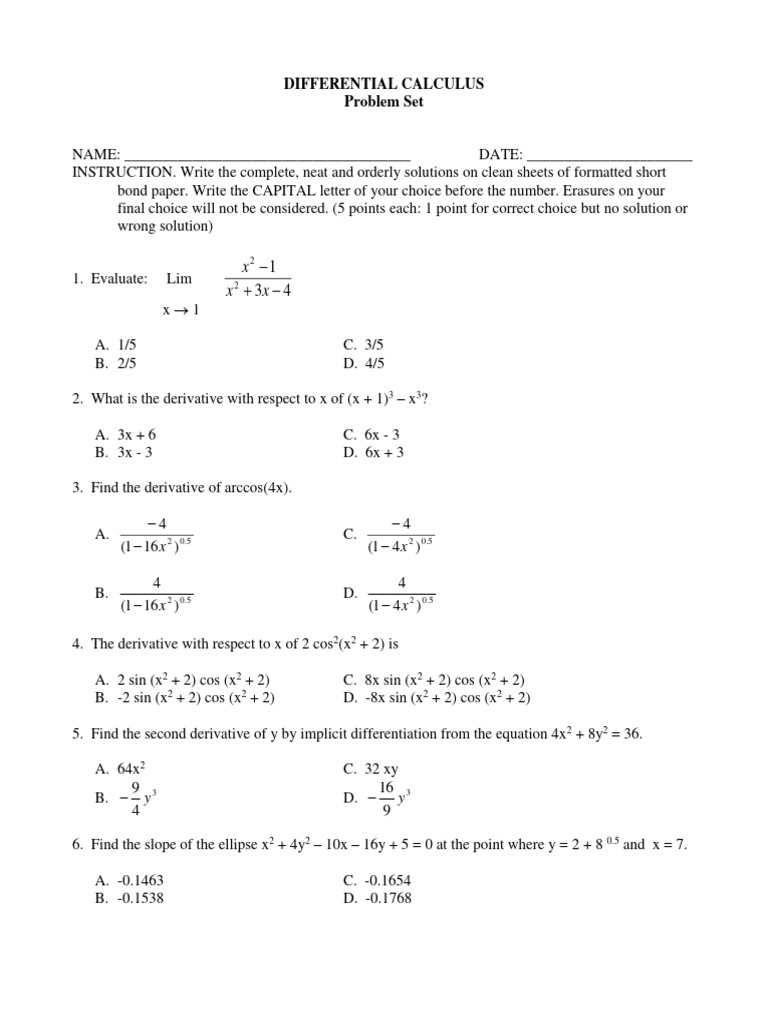 Differential Calculus Problem Set Pdf Derivative Differential Calculus
