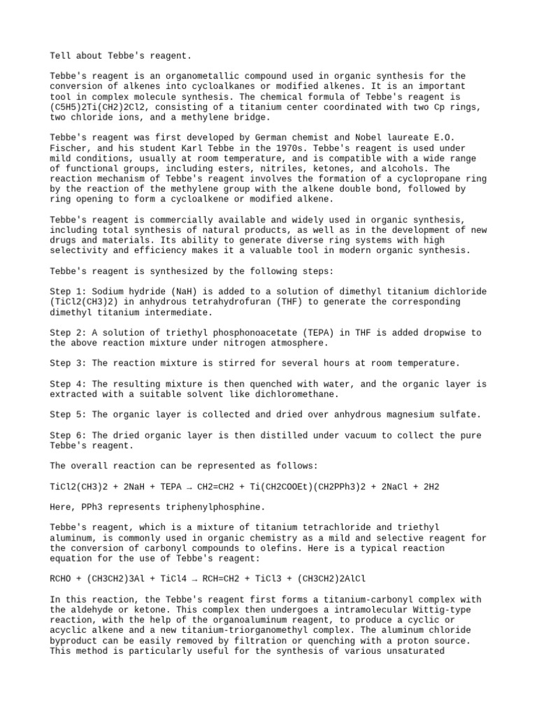 Tebbe's reagent 2023 | PDF | Alkene | Organic Synthesis