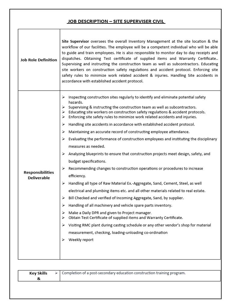 CIVIL Site Supervisor - JD | PDF | Occupational Safety And Health | Safety