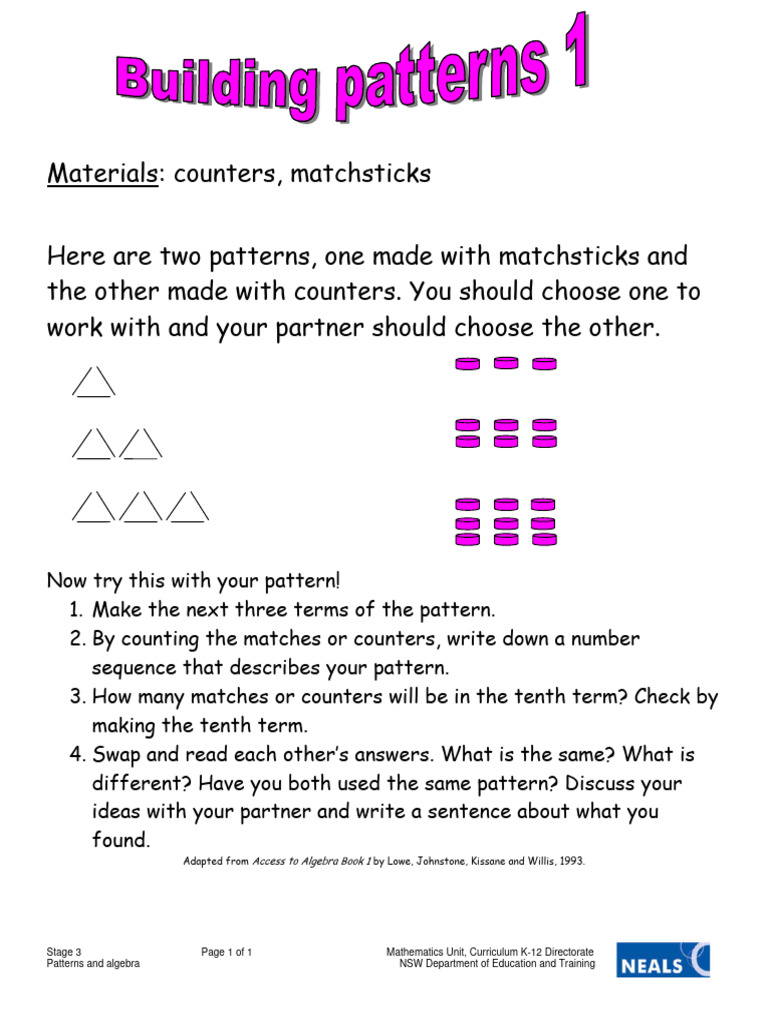 Patterns and Algebra Activity | PDF | Language Arts & Discipline