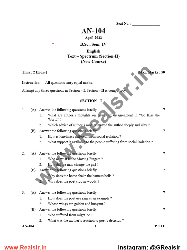 BSC Sem 4 English (Spectrum-II Horizons-II) - 2022 | PDF