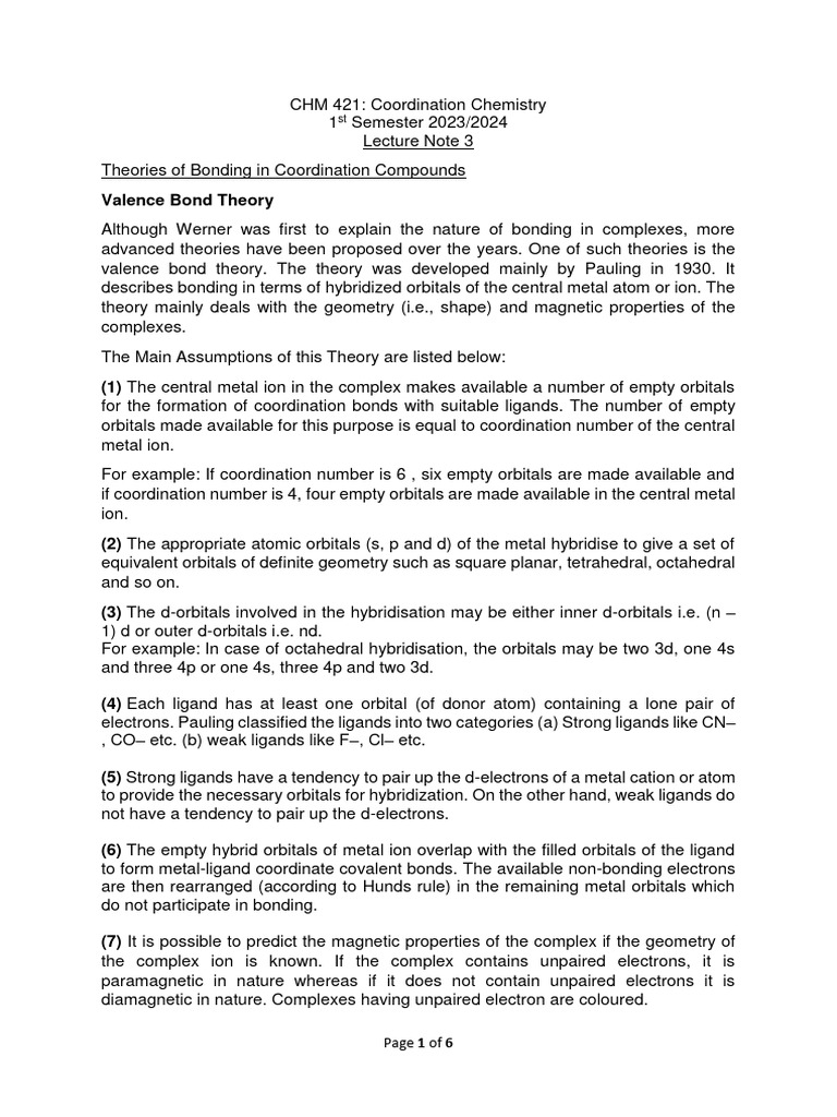 CHM 421 Lecture Note 3 - 2023-2024 PDF | PDF | Coordination Complex ... CHM 421 Lecture Note 3 - 2023-2024 PDF | PDF | Coordination Complex ...