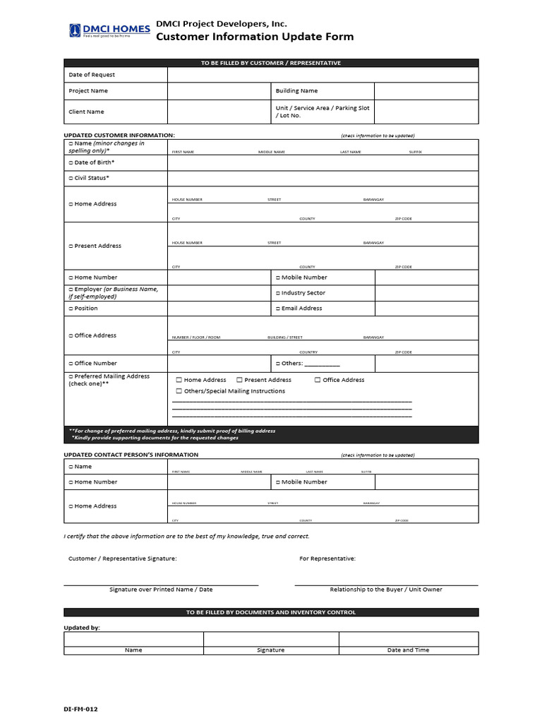 Customer Information Update Form | PDF