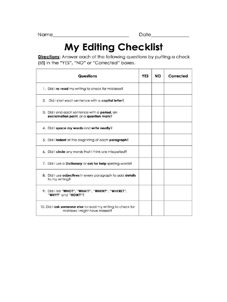Self-Assessment Checklist - Editing | PDF