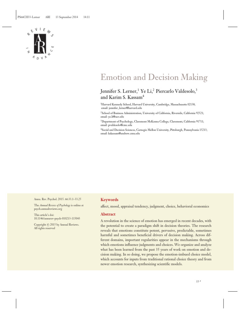 Emotion and Decision Making | PDF | Emotions | Anger