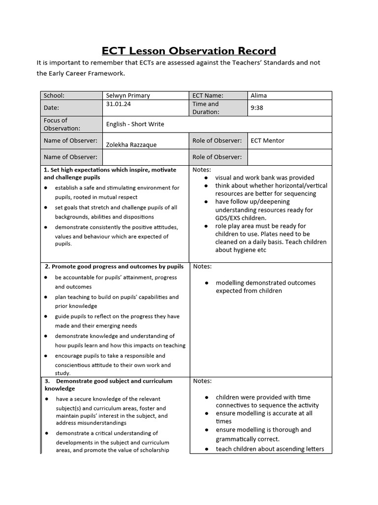 ECT English Observation Record | PDF | Educational Assessment | Curriculum
