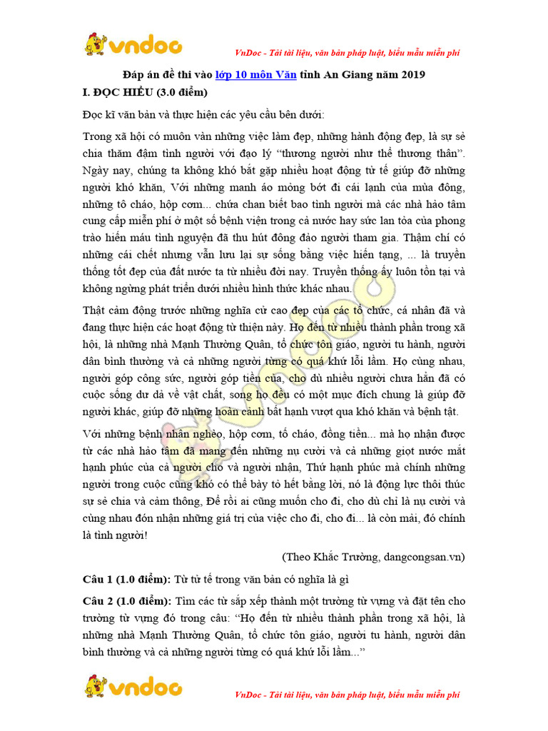 2019 Thi vào 10 Đề Văn An Giang | PDF