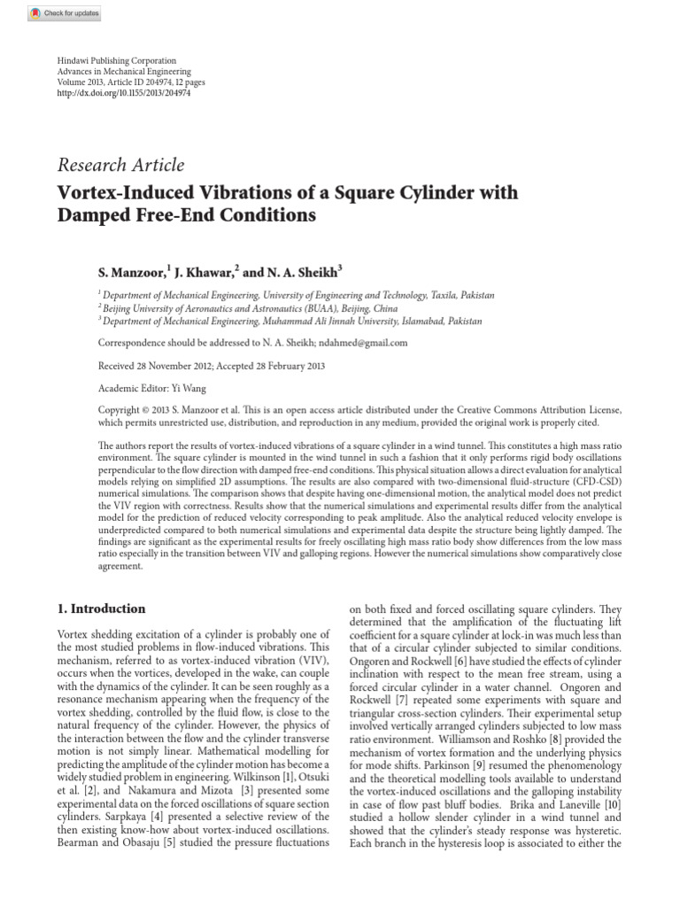 Manzoor Et Al 2013 Vortex Induced Vibrations of A Square Cylinder With ...