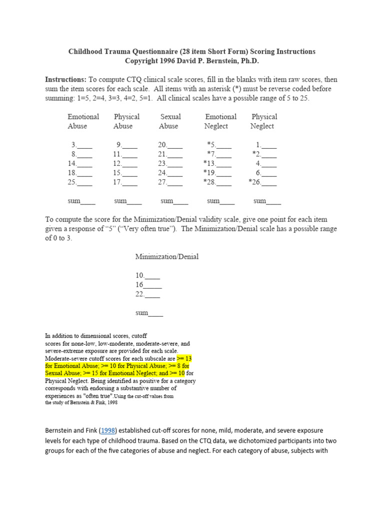 Childhood Trauma Questionnaire Scoring | PDF | Psychological Abuse ...