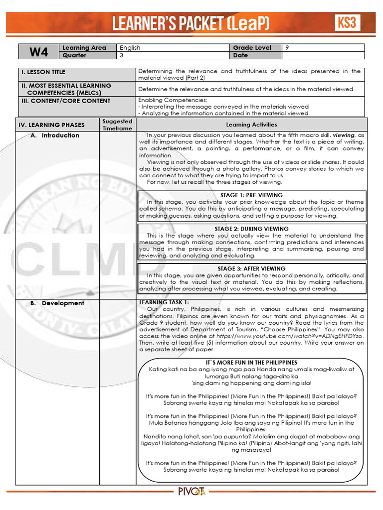 English 9 Q3 Week 4 | PDF | Learning | Essays