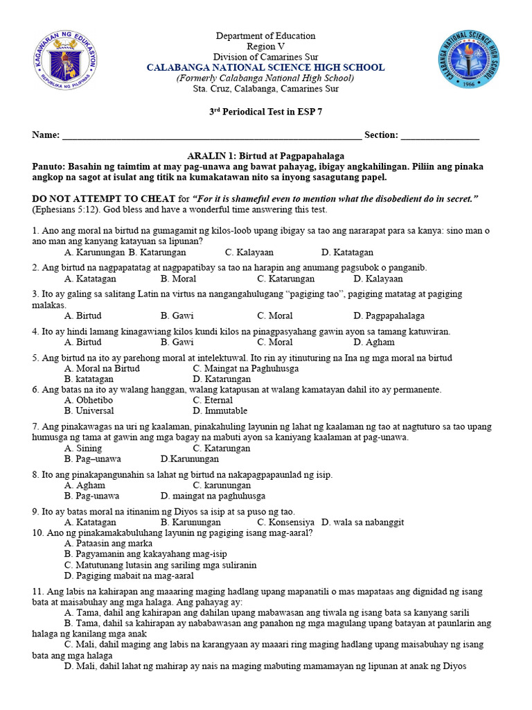 Aralin 1 Birtud Summative Test Grade 7 Esp | PDF