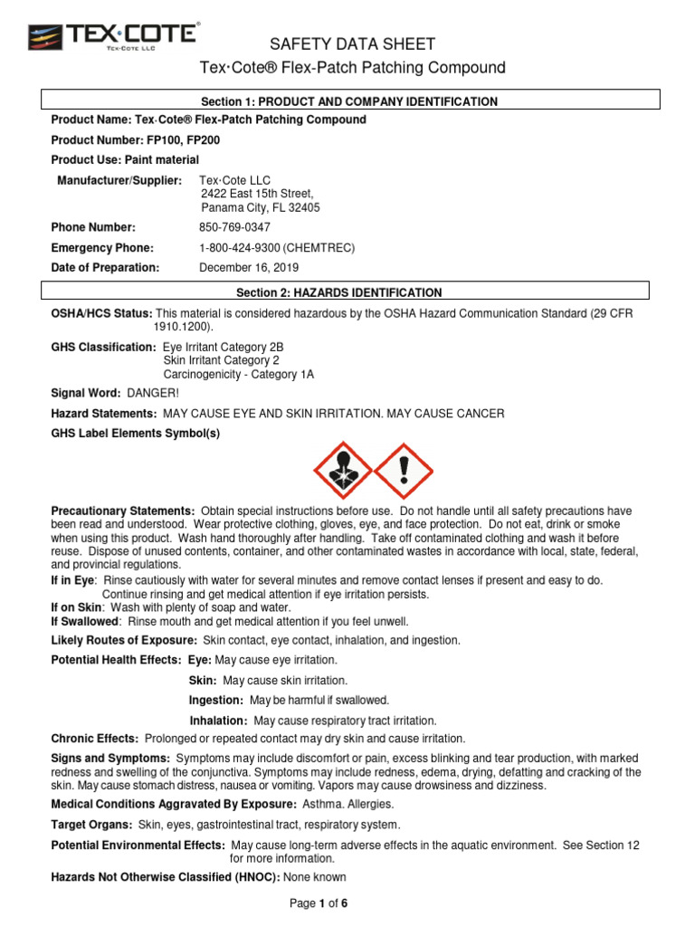 Flex Patch Patching Compound SDS 2019 | PDF | Carcinogen | Volatile Organic Compound