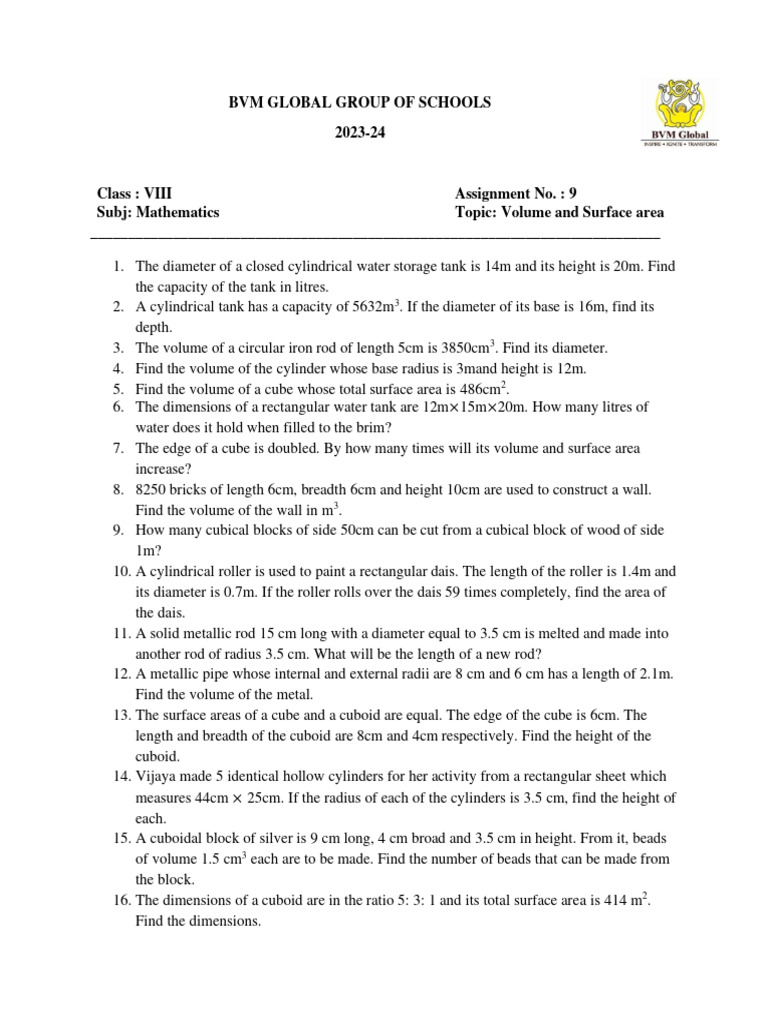 Class 8 Assignment - Volume and Surface Area | PDF | Volume | Area