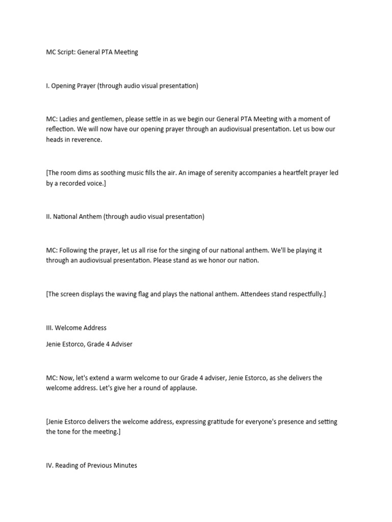 MC Script For PTA Meeting | PDF | Career & Growth | Home & Garden