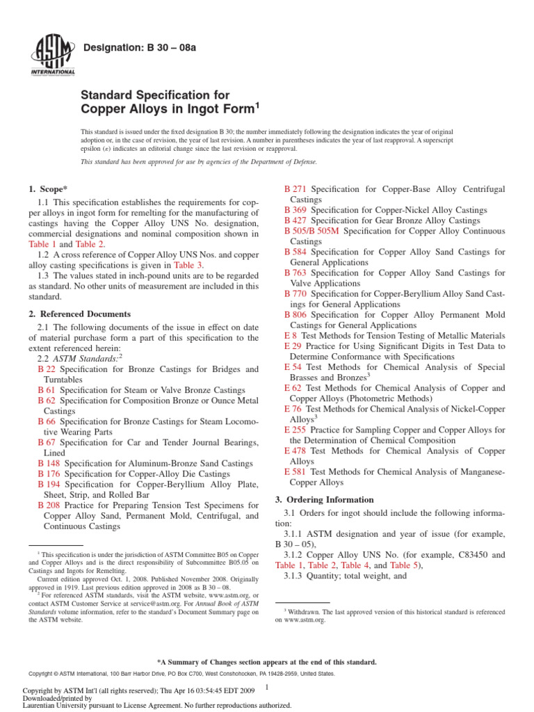 Astm B30 | PDF | Bronze | Ingot