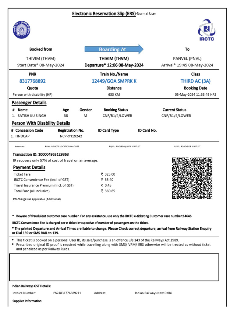 12449/GOA SMPRK K Third Ac (3A) | PDF | Identity Document
