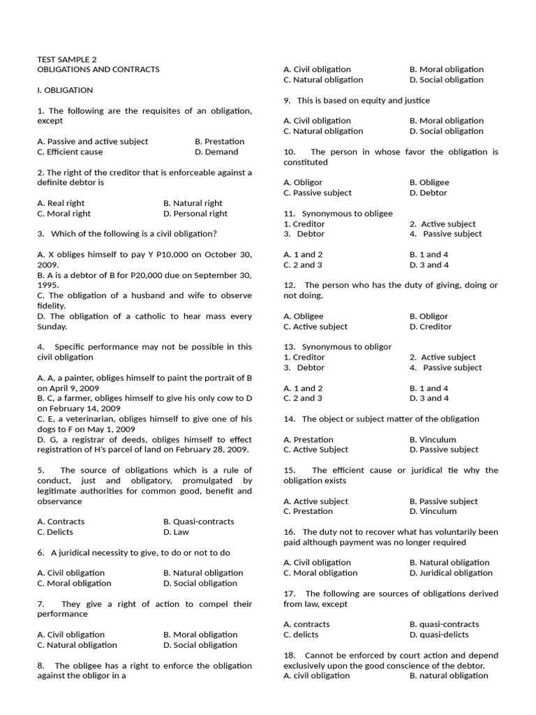 Test Sample 2 Law Oblicon | PDF | Law Of Obligations | Legal Liability