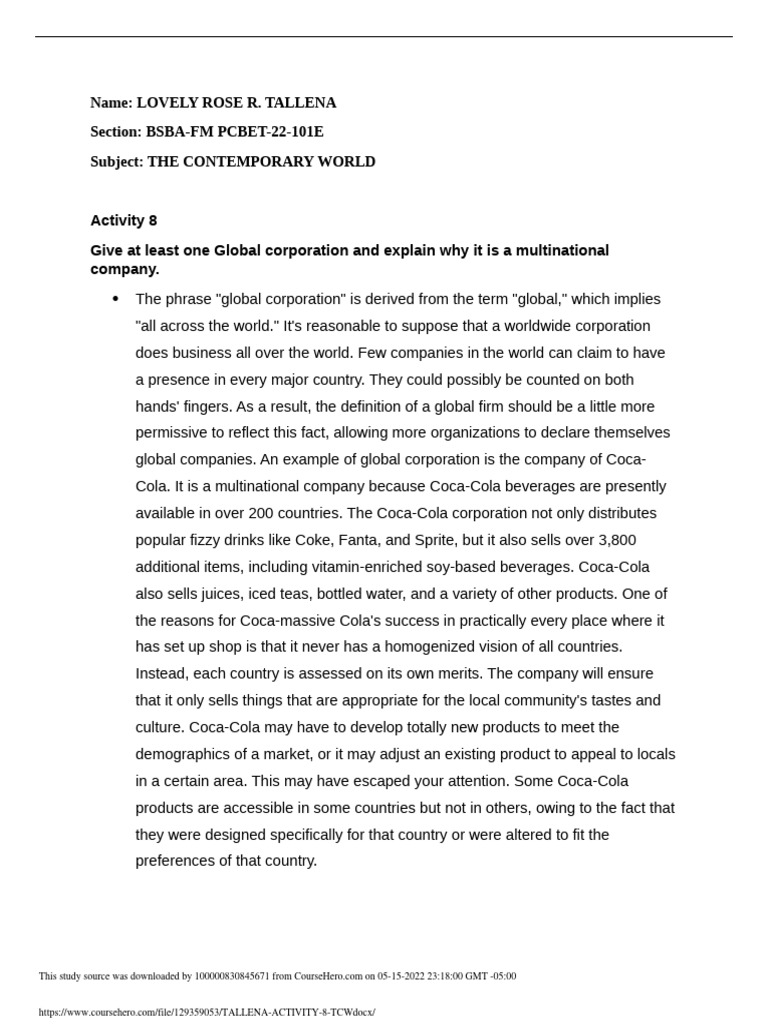 Tallena Activity 8 TCW | PDF | Coca Cola | The Coca Cola Company